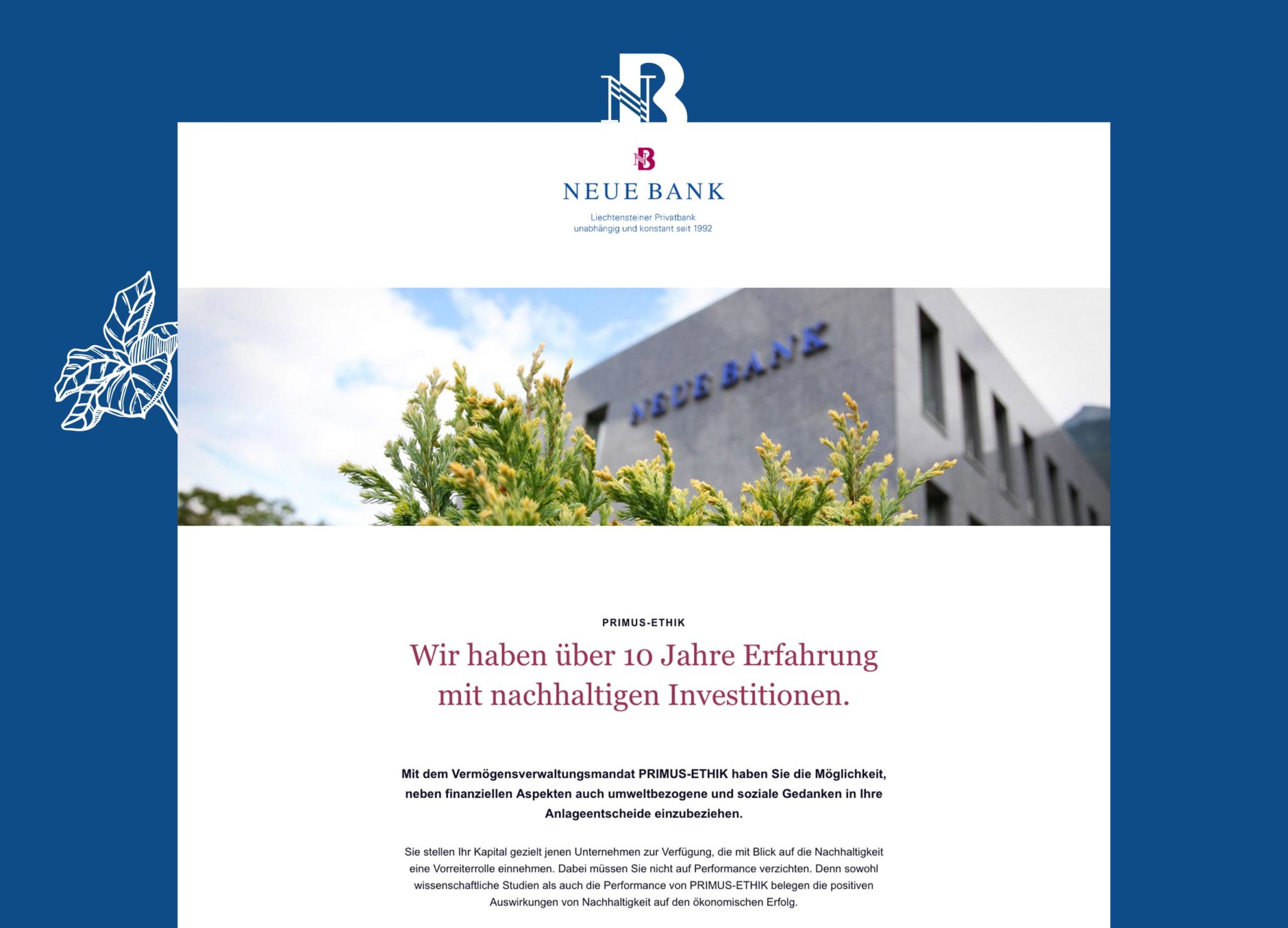 Neue Bank AG | Landingpage für PRIMUS-ETHIK Kampagne